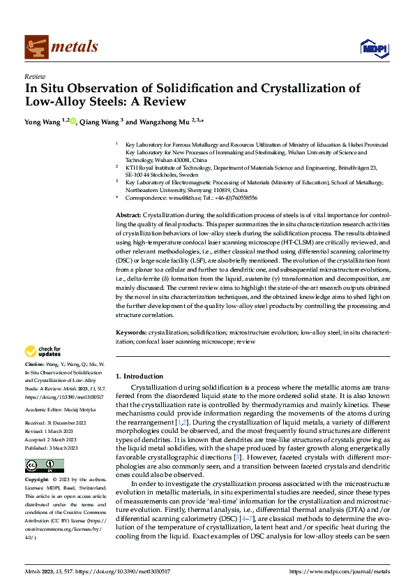 (PDF) In Situ Study of Low-Alloy Steel Solidification and Crystallization