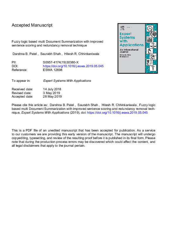 Pdf Fuzzy Logic Based Multi Document Summarization With Improved Sentence Scoring And