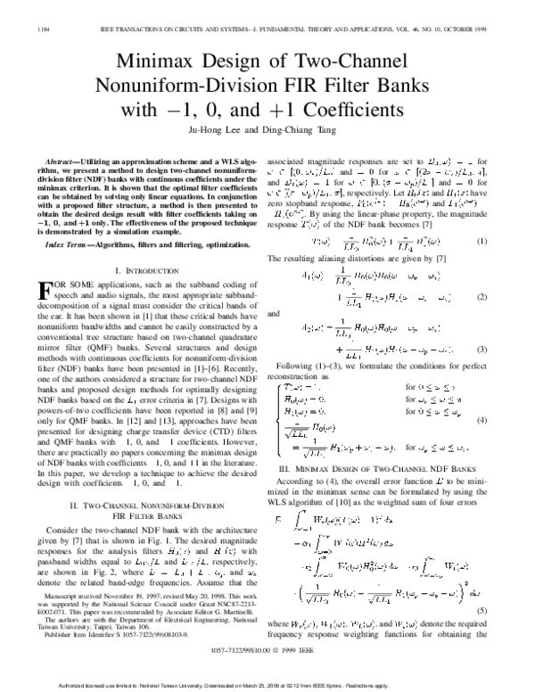 (PDF) Minimax design of two-channel nonuniform-division FIR filter banks with -1, 0, and +1 ...