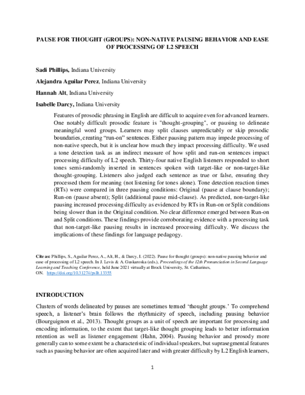 (PDF) Pause for Thought (Groups): Non-native Pausing Behavior and Ease of Processing of L2 Speech