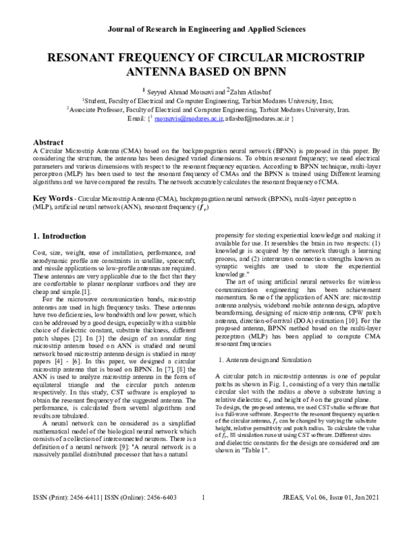 (PDF) Resonant Frequency of Circular Microstrip Antenna Based on BPNN