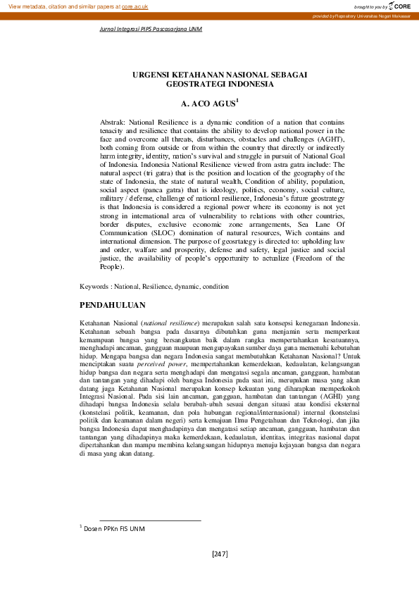 (PDF) Urgensi Ketahanan Nasional Sebagai Geostrategi Indonesia