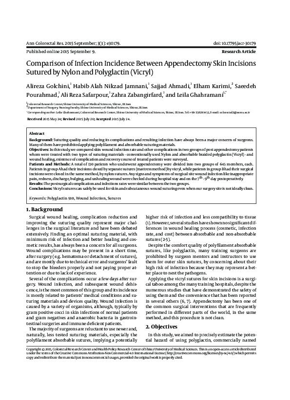 (PDF) Comparison of Infection Incidence Between Appendectomy Skin ...