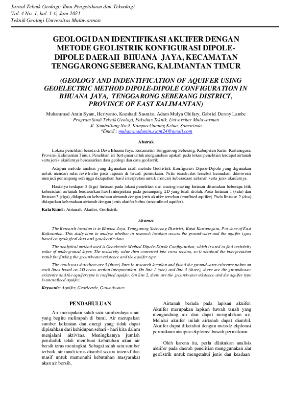 (PDF) Geologi Dan Identifikasi Akuifer Dengan Metode Geolistrik Konfigurasi Dipole- Dipole ...