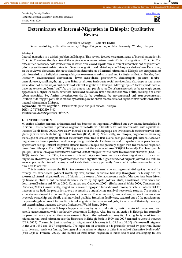 (PDF) Determinants of Internal-Migration in Ethiopia: Qualitative Review