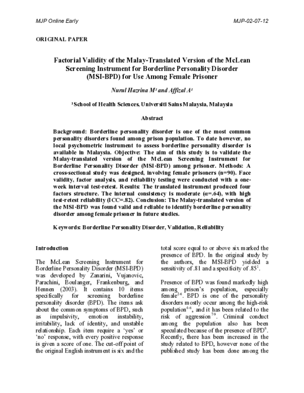 (PDF) Factorial Validity of the Malay-Translated Version of the McLean ...