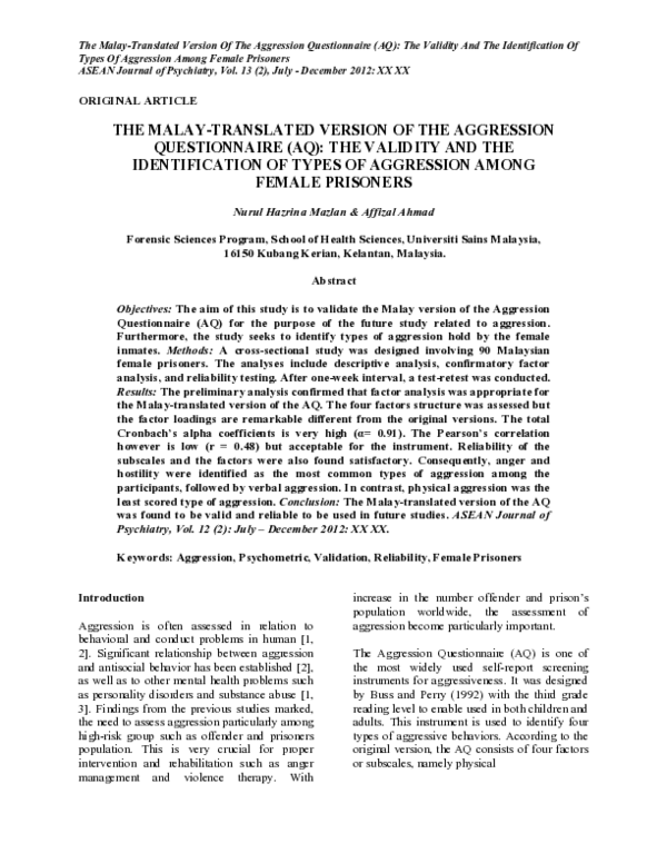 (PDF) The Malay-translated version of the Aggression Questionnaire (AQ ...