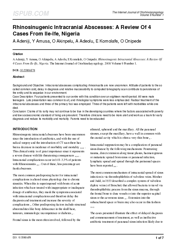 (PDF) Rhinosinugenic Intracranial Abscesses: A Review Of 4 Cases From ...