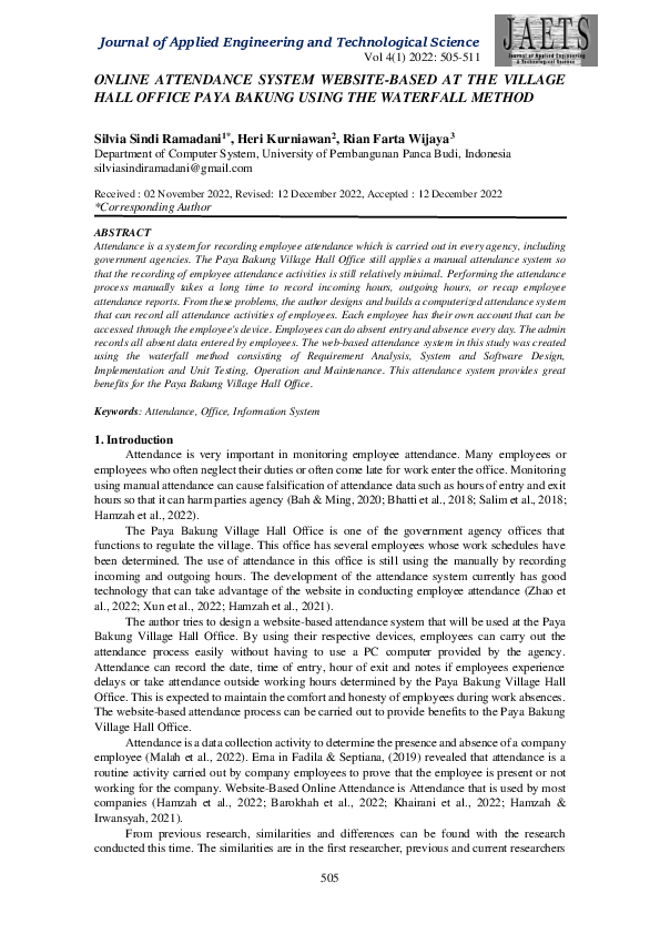 (PDF) Online Attendance System Website-Based at The Village Hall Office Paya Bakung Using The ...