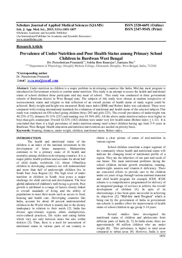 (PDF) Prevalence of Under Nutrition and Poor Health Status among ...