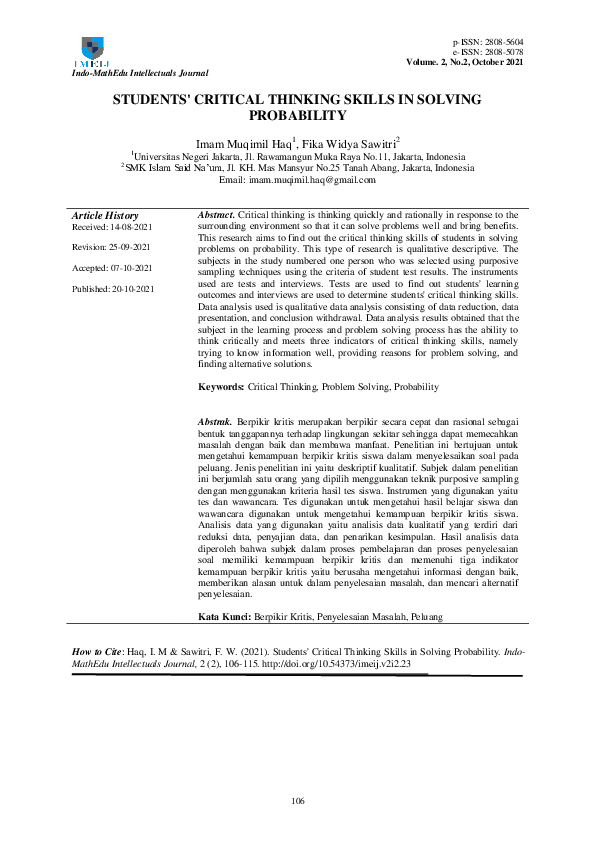 (PDF) Students' Critical Thinking Skills in Solving Probability