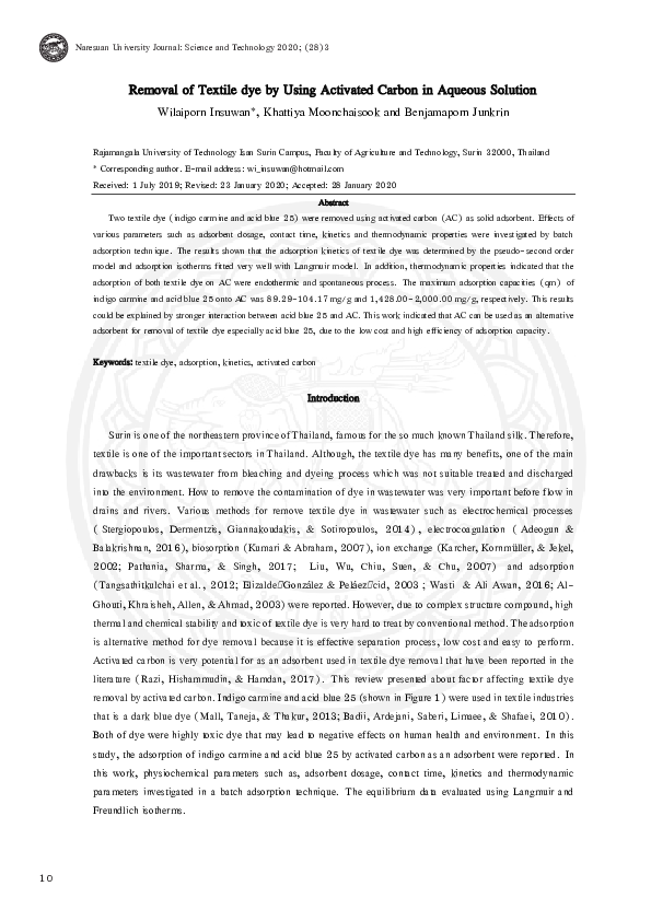 (PDF) Removal of Textile dye by Using Activated Carbon in Aqueous Solution