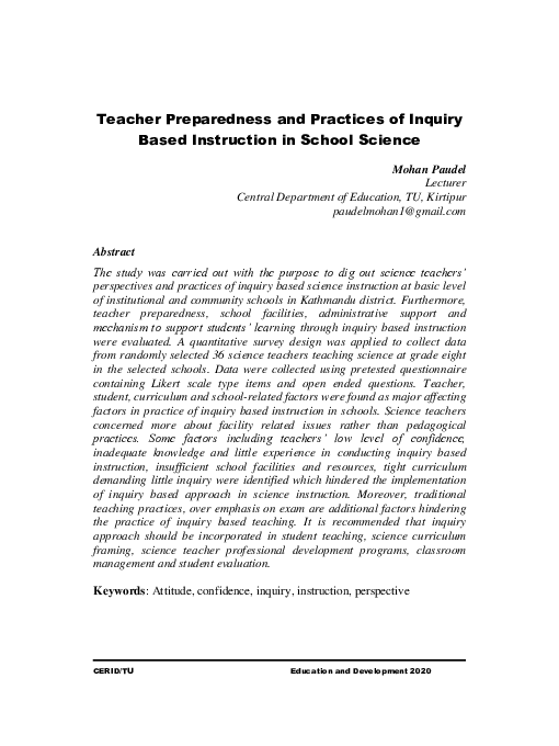 (PDF) Teacher Preparedness and Practices of Inquiry Based Instruction in School Science