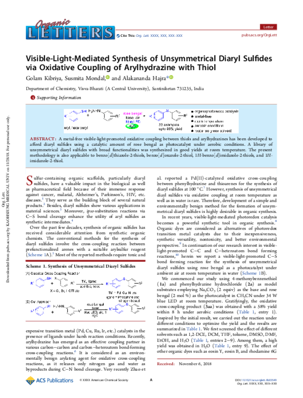 (PDF) Visible-Light-Mediated Synthesis of Unsymmetrical Diaryl Sulfides ...