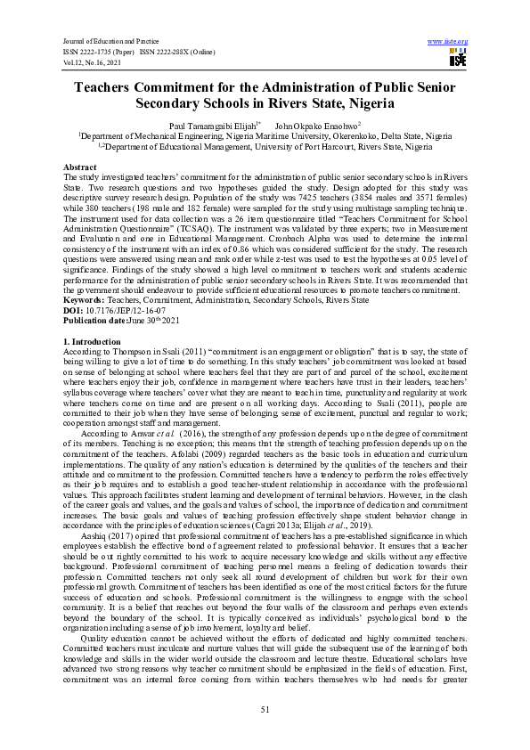 (PDF) Teachers Commitment for the Administration of Public Senior ...