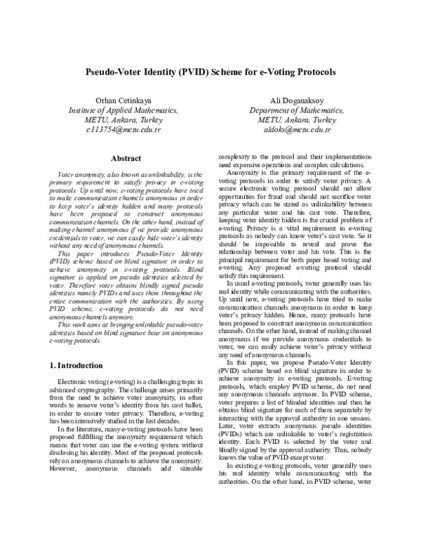 (PDF) Pseudo-Voter Identity (PVID) Scheme for e-Voting Protocols | Ali ...