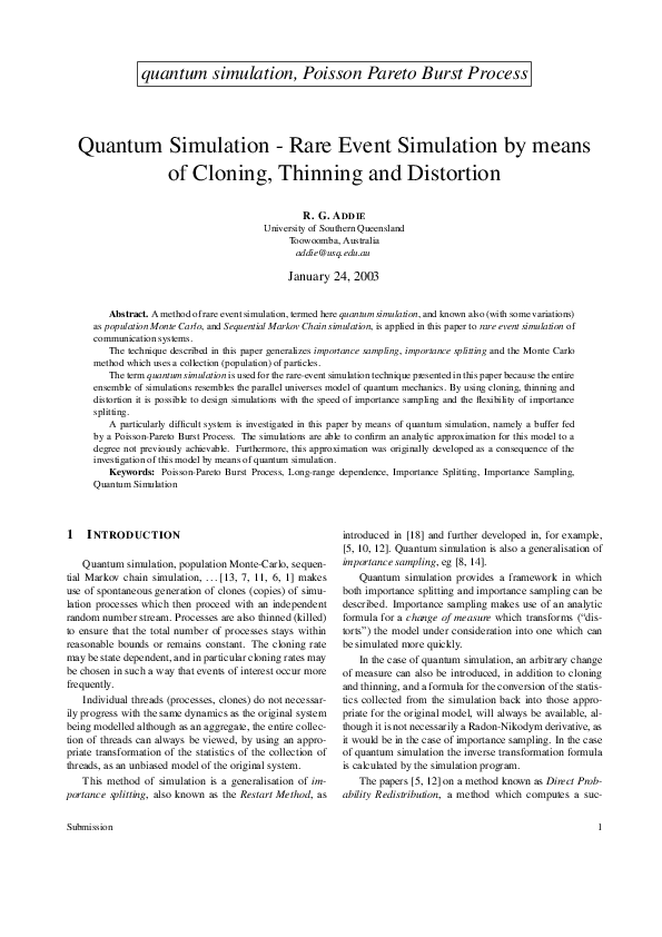 (PDF) Quantum simulation - rare event simulation by means of cloning, thinning and distortion