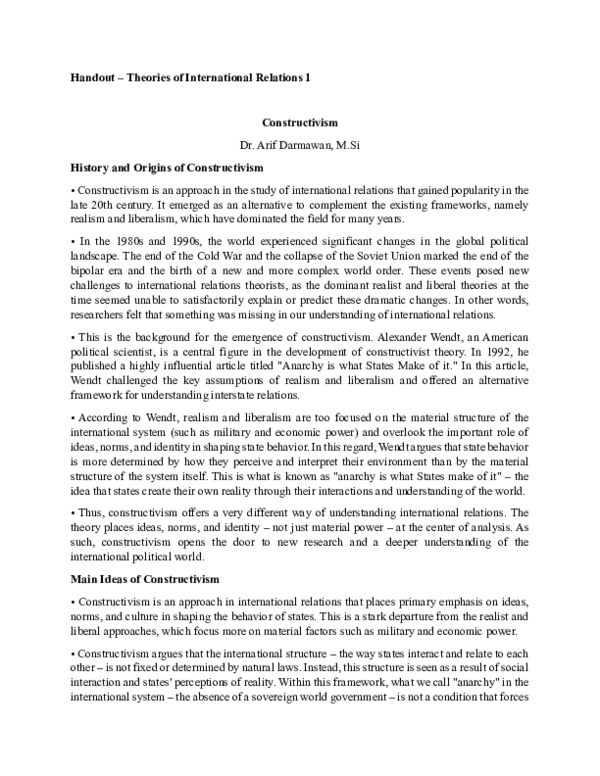 (PDF) Handout -Theories of International Relations 1 Constructivism