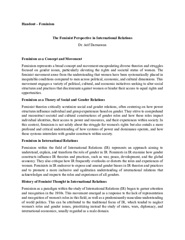 (PDF) Handout -Feminism The Feminist Perspective in International Relations