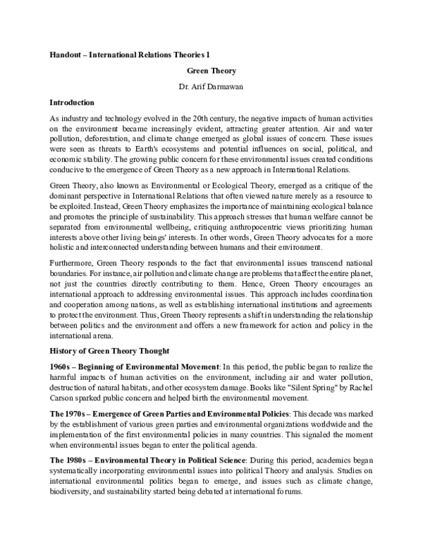 (PDF) Handout -International Relations Theories 1 Green Theory