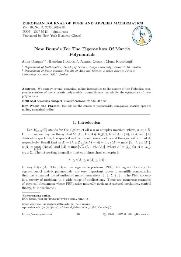 (PDF) New bounds for the Eigenvalues of Matrix Polynomials