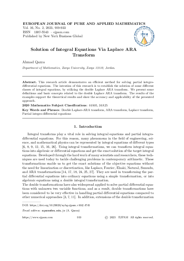 (PDF) Solution of Integral Equations via Laplace ARA Transform