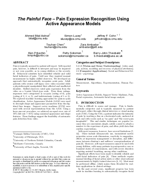 (PDF) The painful face – Pain expression recognition using active appearance models | Ahmed ...