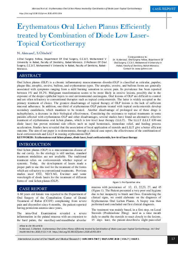 (PDF) Erythematous Oral Lichen Planus Efficiently treated by Combination of Diode Low Laser ...