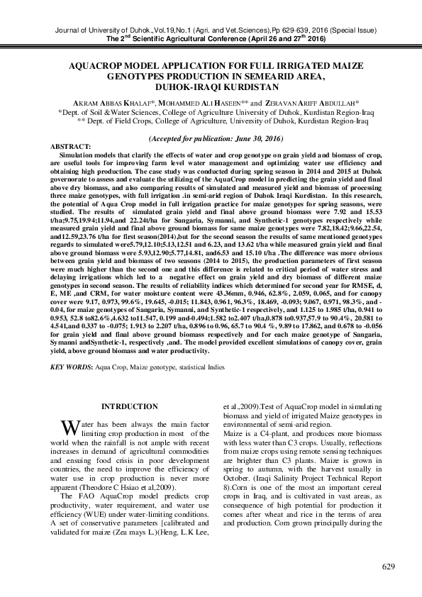 (PDF) AQUACROP MODEL APPLICATION FOR FULL IRRIGATED MAIZE GENOTYPES ...