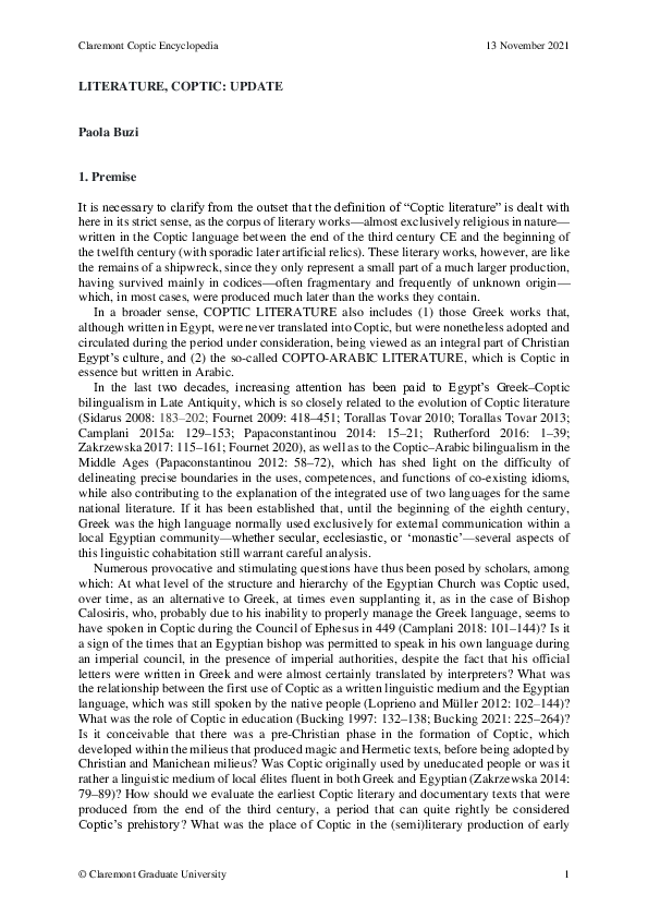 (PDF) LITERATURE, COPTIC: UPDATE
