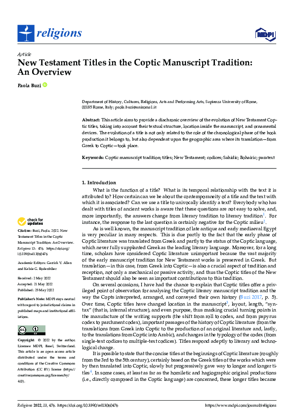 (PDF) New Testament Titles in the Coptic Manuscript Tradition: An Overview