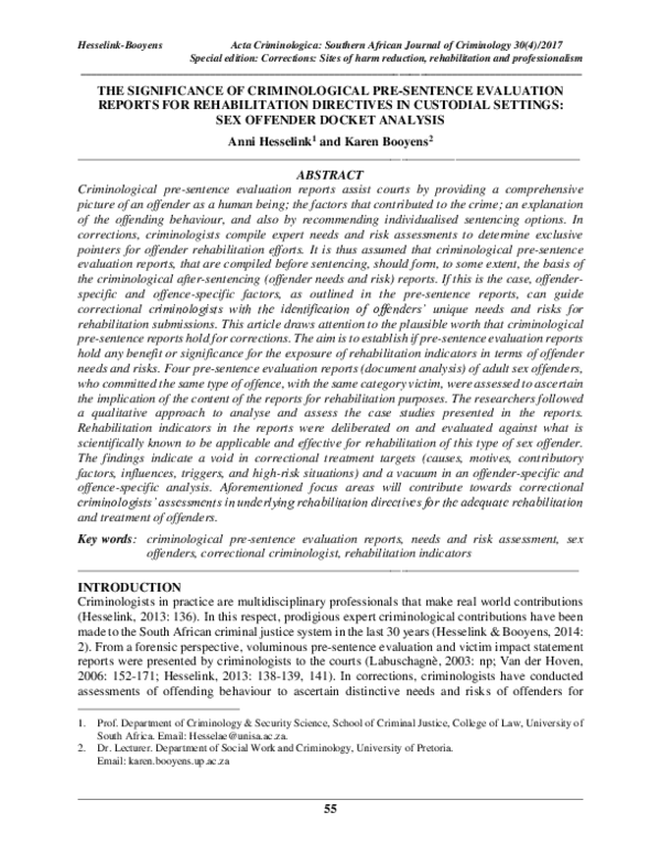 Pdf The Significance Of Criminological Pre Sentence Evaluation Reports For Rehabilitation