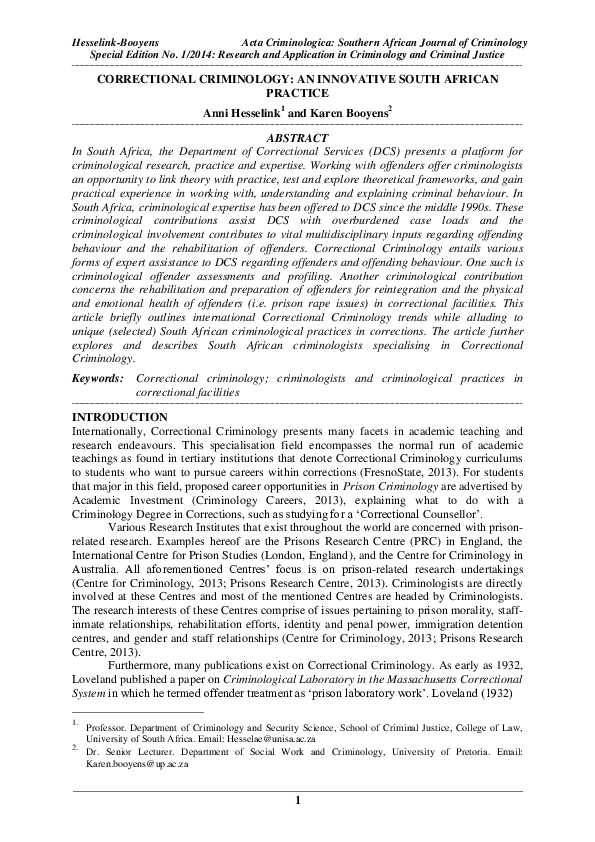 (PDF) Correctional Criminology: An innovative South African Practice (PDF) Correctional Criminology: An innovative South African Practice