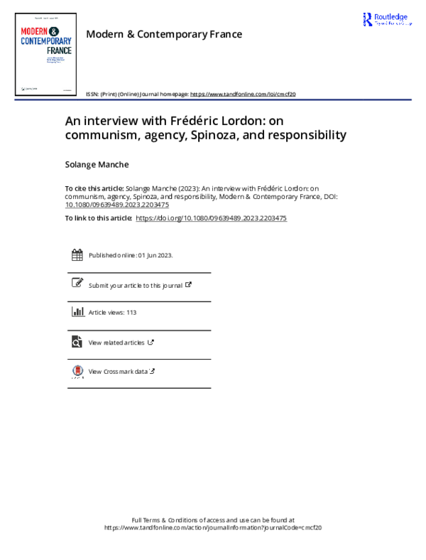 (PDF) An interview with Frédéric Lordon: on communism, agency, Spinoza ...