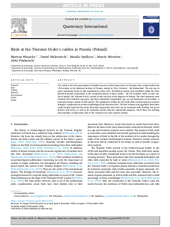 (PDF) Birds at the Teutonic Order's castles in Prussia (Poland)