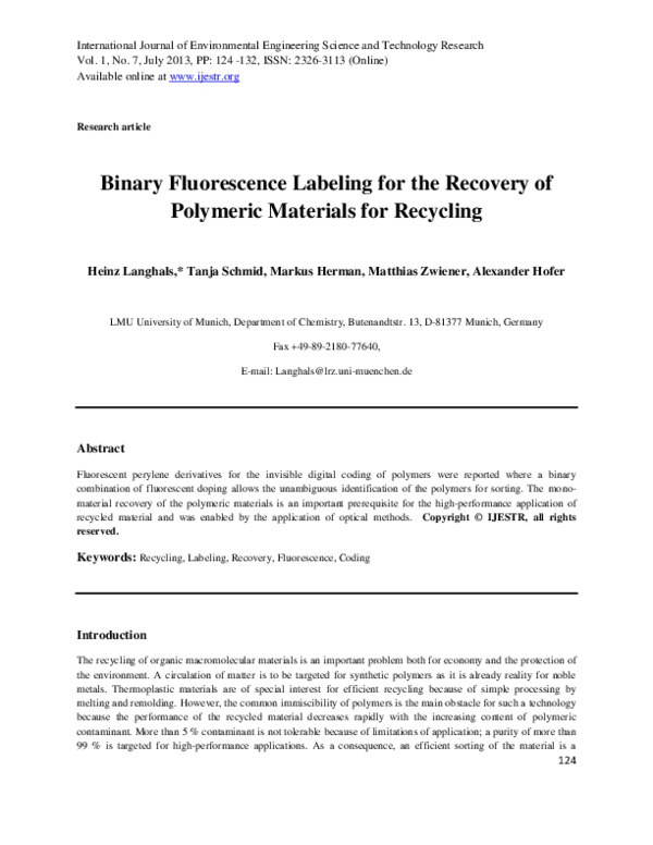 (PDF) Binary Fluorescence Labeling for the Recovery of Polymeric Materials for Recycling