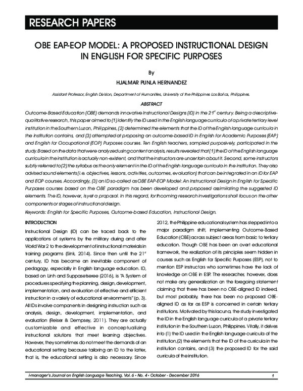 (PDF) OBE EAP-EOP Model: A Proposed Instructional Design in English for Specific Purposes