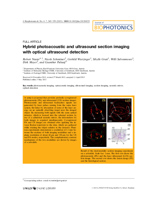 (PDF) Hybrid photoacoustic and ultrasound section imaging with optical ...