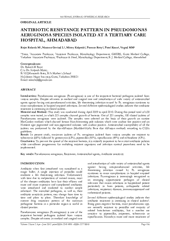 (PDF) Antibiotic Resistance Pattern in Pseudomonas Aeruginosa Species Isolated at a Tertiary ...