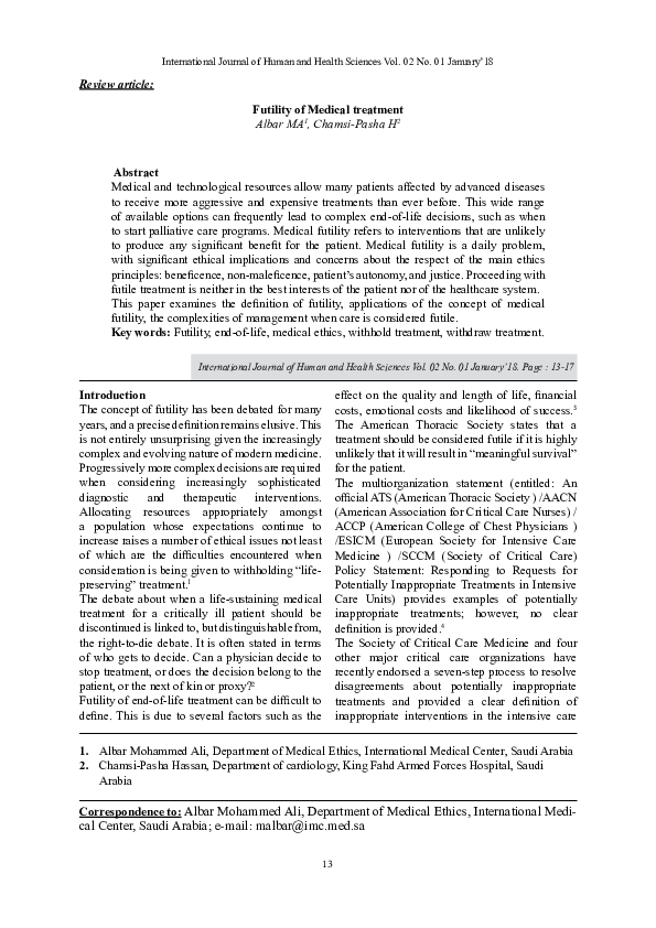 (PDF) Futility of Medical treatment | Albar Ali - Academia.edu