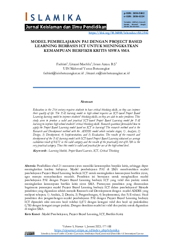 (PDF) Model Pembelajaran PAI dengan Project Based Learning Berbasis ICT untuk Meningkatkan ...