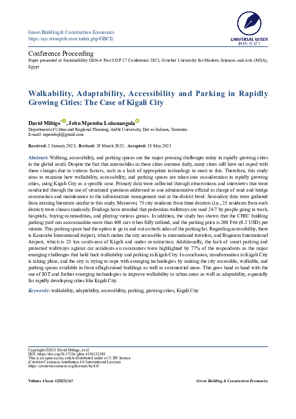 (PDF) Walkability, Adaptability, Accessibility and Parking in Rapidly ...