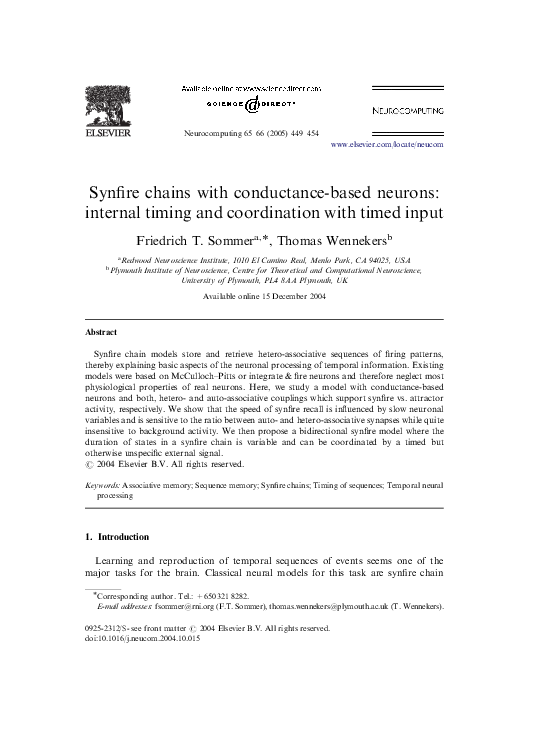 (PDF) Synfire chains with conductance-based neurons: internal timing and coordination with timed ...
