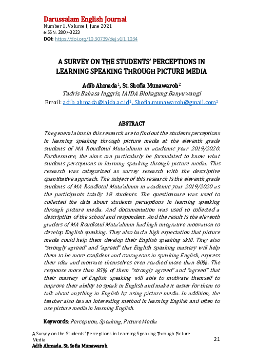 (PDF) Survey on the Students’ Perceptions in Learning Speaking through Picture Media