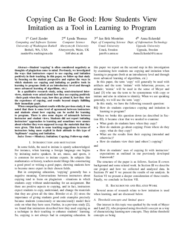 (PDF) Copying Can Be Good: How Students View Imitation as a Tool in ...