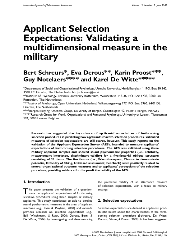 (PDF) Applicant Selection Expectations: Validating a multidimensional measure in the military