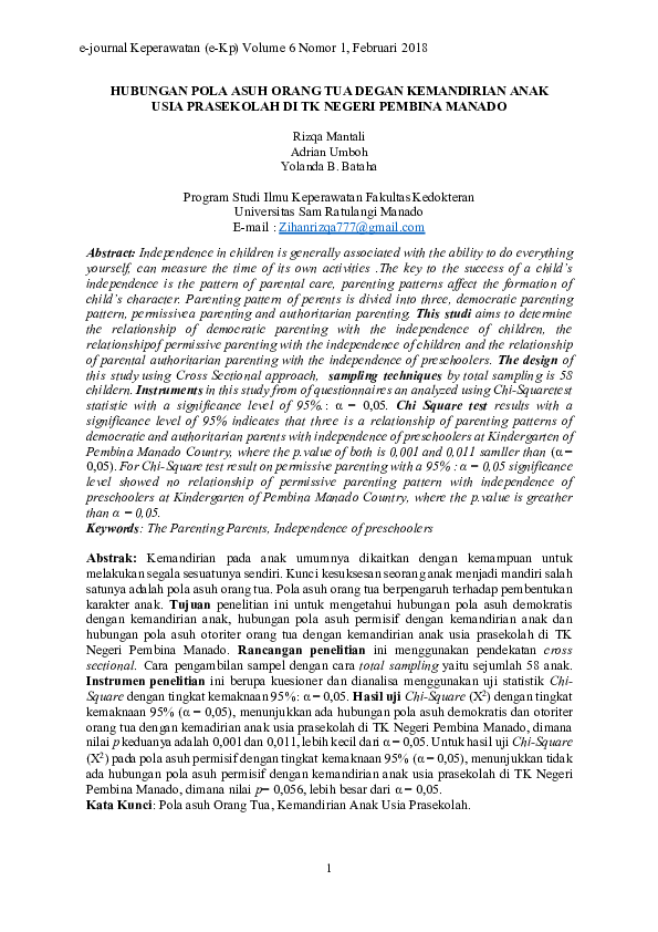 (PDF) Hubungan Pola Asuh Orang Tua Degan Kemandirian Anak Usia Prasekolah DI TK Negeri Pembina ...