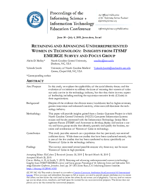 (PDF) Retaining and Advancing Underrepresented Women in Technology ...