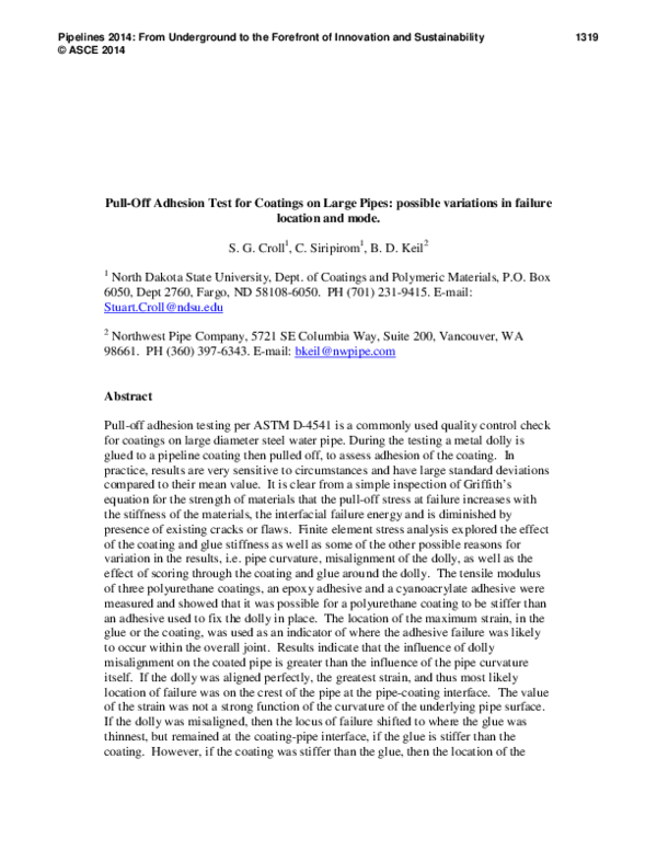 (PDF) Pull-Off Adhesion Test for Coatings on Large Pipes: Possible ...
