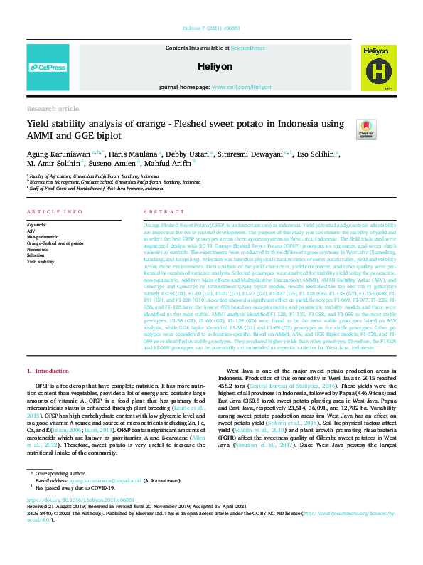 (PDF) Yield stability analysis of orange - Fleshed sweet potato in Indonesia using AMMI and GGE ...